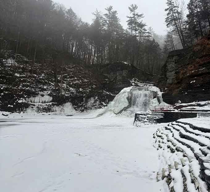Winter transforms the falls into a frozen sculpture, proving this gorge delivers stunning visuals in every season imaginable.