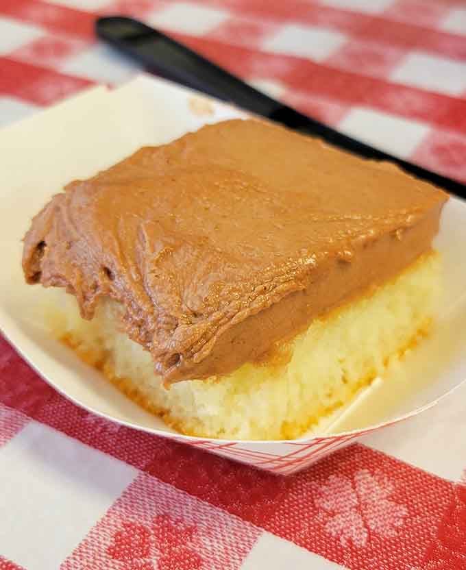 Chocolate iced cake on vanilla base: the sweet finale your barbecue-filled belly didn't know it needed.