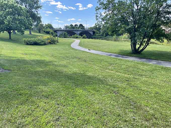 Winding paths invite leisurely strolls along the river, where nature provides free therapy and peaceful contemplation daily.