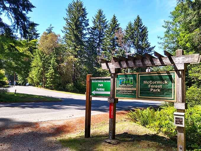 McCormick Forest Park entrance welcomes hikers into towering trees that remember when this area was truly remote.