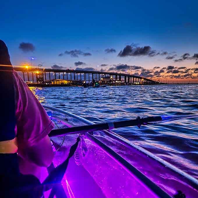 The bridge provides the backdrop while your purple kayak steals the show in this coastal light spectacular.