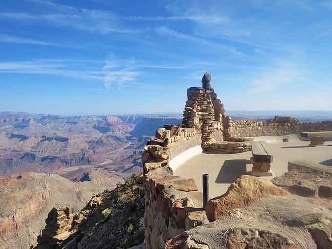 Ancient rock walls and sunny benches offer you a peaceful place to admire the endless, colorful views under bright blue skies.