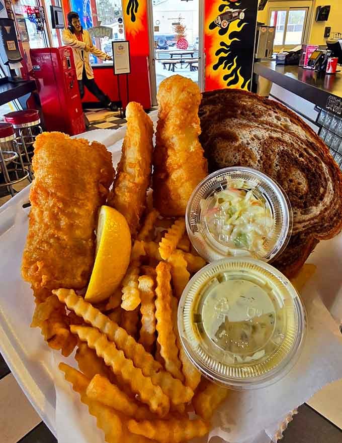 Friday fish fry featuring golden fillets, crinkle fries, and enough tartar sauce to make any Wisconsinite weep with joy.