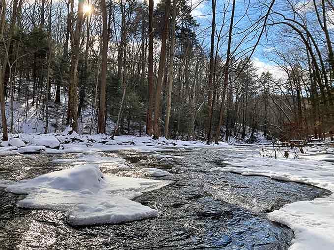 Winter transforms the river into a crystalline wonderland that would make Elsa jealous, minus the singing snowman.