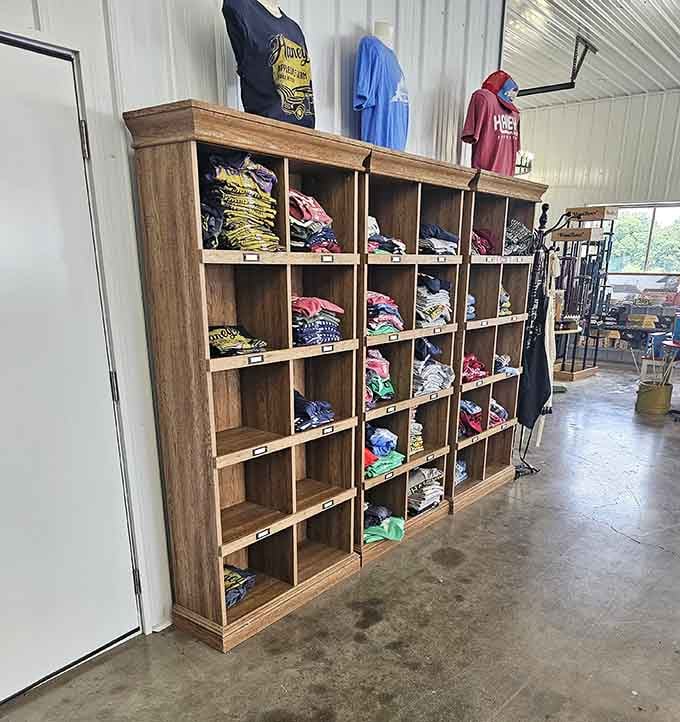 The farm merchandise display shows that supporting local doesn't mean sacrificing style, just good taste in every sense of the word.