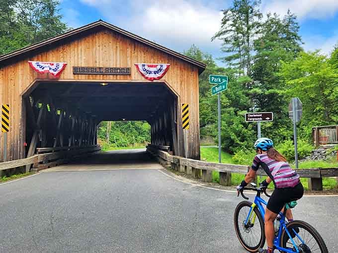 The Bissell Covered Bridge welcomes cyclists to a landscape where pedaling feels more like meditation than exercise.