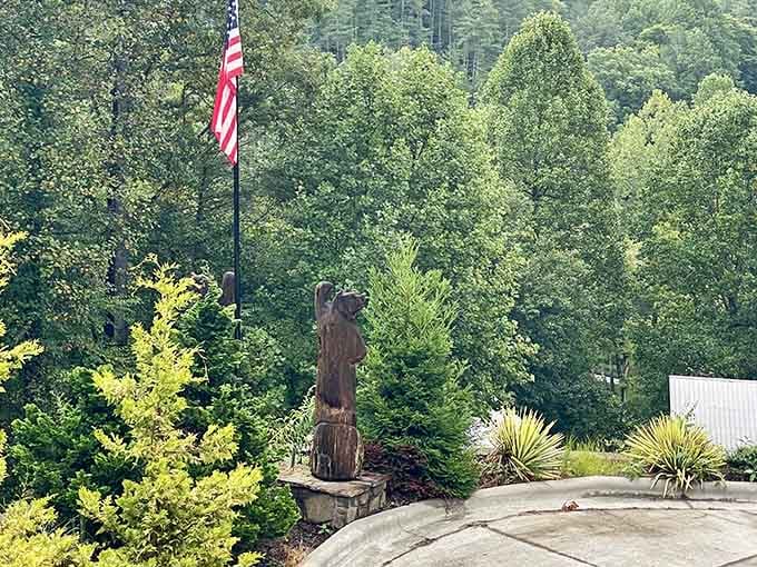 A carved bear stands guard, reminding visitors they're in mountain country without the actual danger.