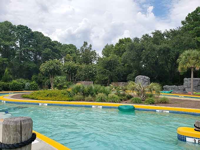 Lush Lowcountry greenery frames the lazy river, creating a surprisingly serene escape from everyday life's chaos.