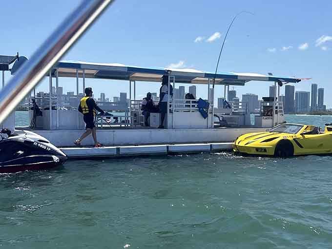 The floating dock setup where dreams of driving on water become reality, complete with Miami's iconic skyline backdrop.