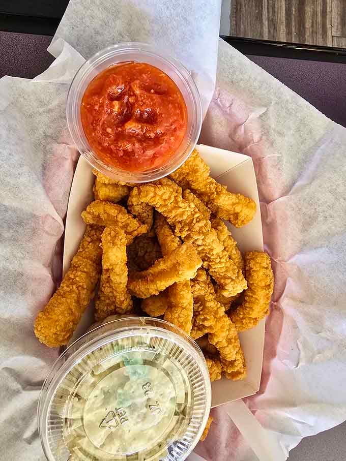 Golden calamari rings arrive with dipping sauces, bringing the ocean to the desert one crispy bite at a time.