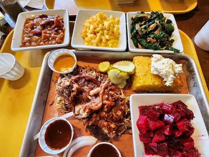 The supporting cast shines bright: beans, mac and cheese, cornbread, and slaw all deserve their own standing ovation.