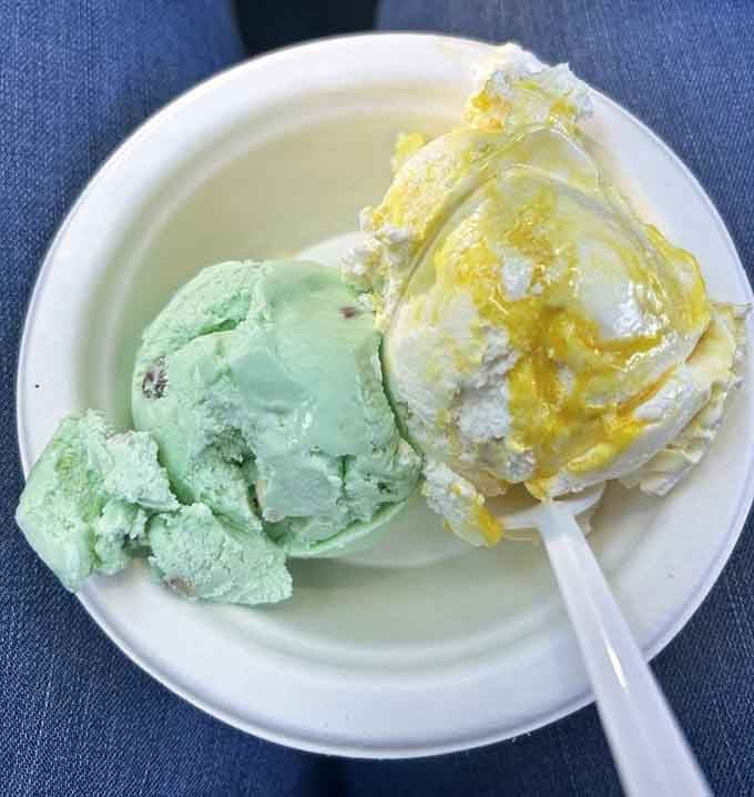 Pistachio and another flavor proving that ice cream scooped by hand always tastes better than machines.