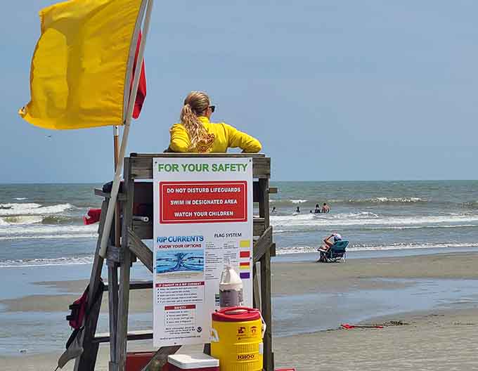 That yellow flag and watchful lifeguard represent the thin line between carefree fun and responsible adulting at the beach.