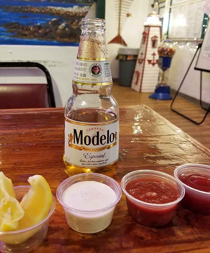 A cold Modelo and some tartar sauce—the perfect supporting cast for your seafood starring role.