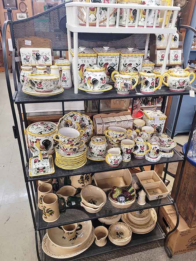 Hand-painted rooster pottery that would make your grandmother's kitchen sing with farmhouse charm and cheerful morning energy.