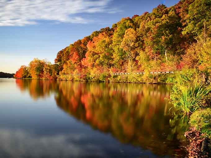 Fall foliage reflected on glass-smooth water: Ohio's version of showing off without being obnoxious about it.
