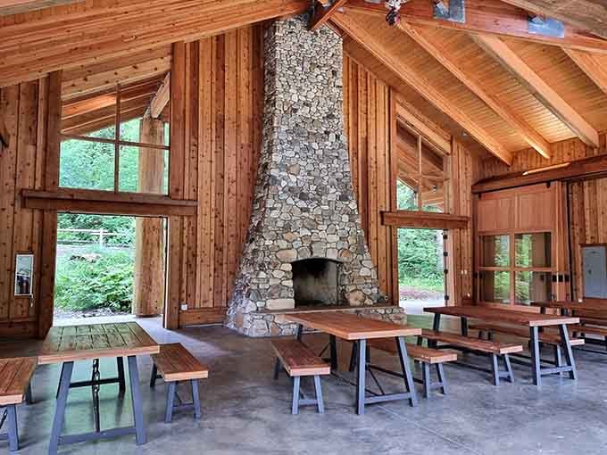 A stone fireplace this grand makes you want to gather round and swap stories like the old days.