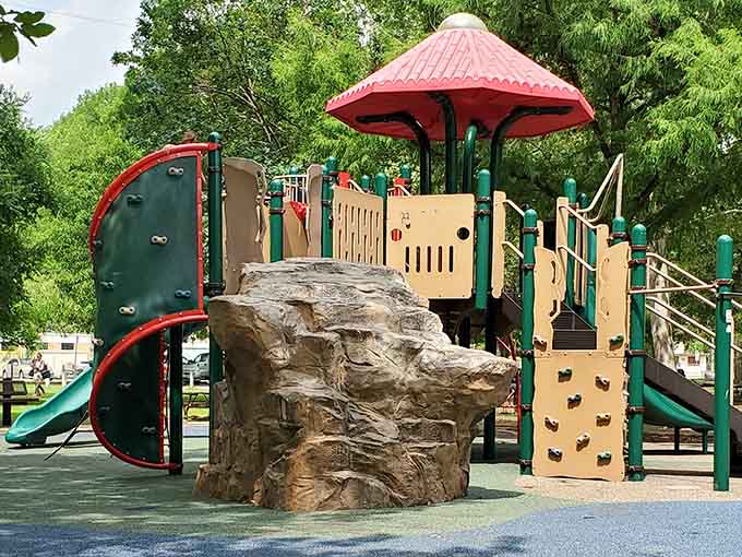 Modern playground equipment that proves today's kids still love climbing, sliding, and burning off energy the old-fashioned way.