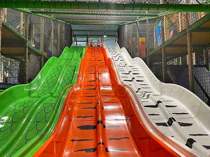 Triple threat slides that look like they belong at a water park, minus the wet swimsuits and sunscreen.