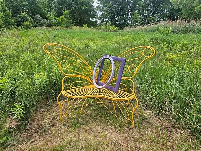 A butterfly bench that's almost too whimsical to sit on, but you absolutely should anyway for the photo.