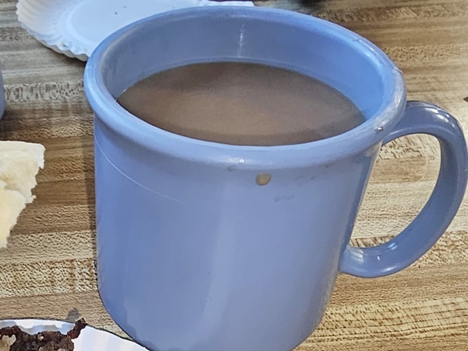 Coffee served in a proper mug, because some traditions are worth keeping in our disposable cup world.