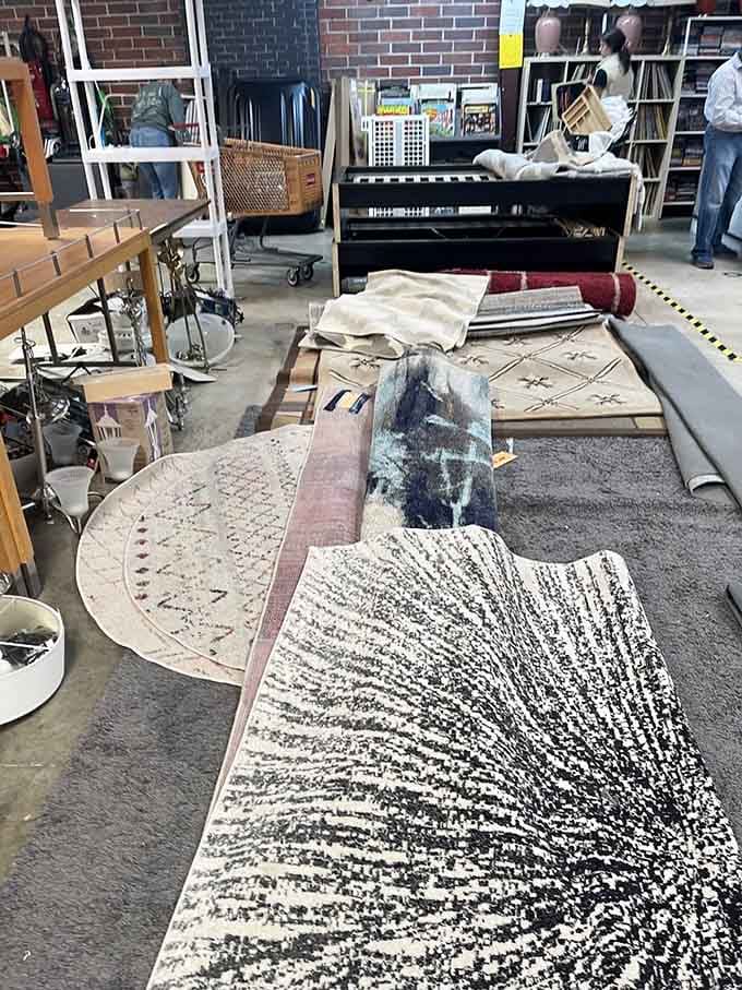 Area rugs sprawled across the floor like a textile buffet, each pattern bolder than your decorating confidence.