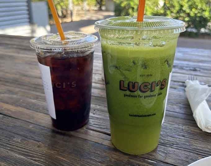 Green juice and iced coffee sitting together like old friends who've agreed to disagree about everything nutritional.