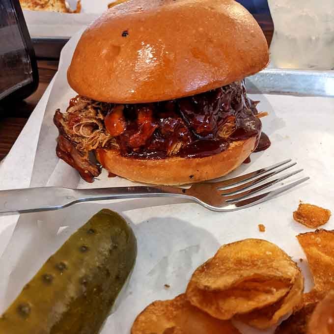 Sometimes lunch means a burger piled high with pulled pork, because MartAnne's doesn't believe in doing anything halfway.