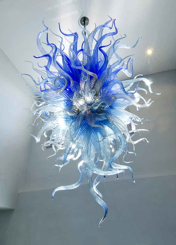 This blue chandelier looks like frozen lightning captured mid-strike, absolutely stunning in person and utterly mesmerizing.