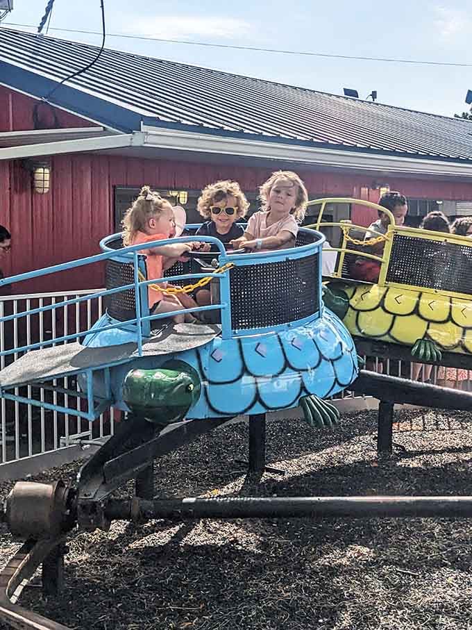 Three generations of smiles packed into one turtle-shaped ride proves that happiness doesn't need fancy technology or screens.