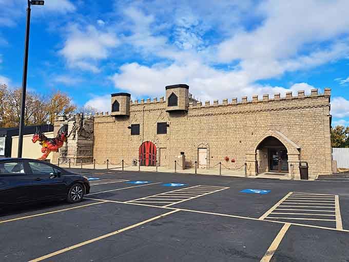 Ghostly Manor Thrill Center's castle facade promises screams and thrills. Because even perfect towns need a little controlled chaos, right?