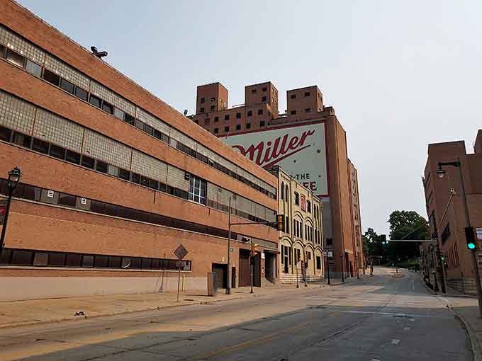 The sprawling brewery complex dominates the streetscape, a testament to Milwaukee's industrial brewing heritage and pride.