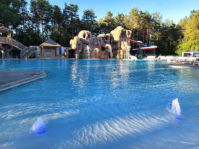 Crystal-clear water reflects the sky while rock formations and slides promise hours of entertainment for every age group imaginable.
