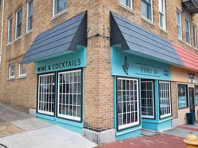 Vino 61's turquoise trim adds a splash of modern charm to Mount Holly's historic streetscape with style.