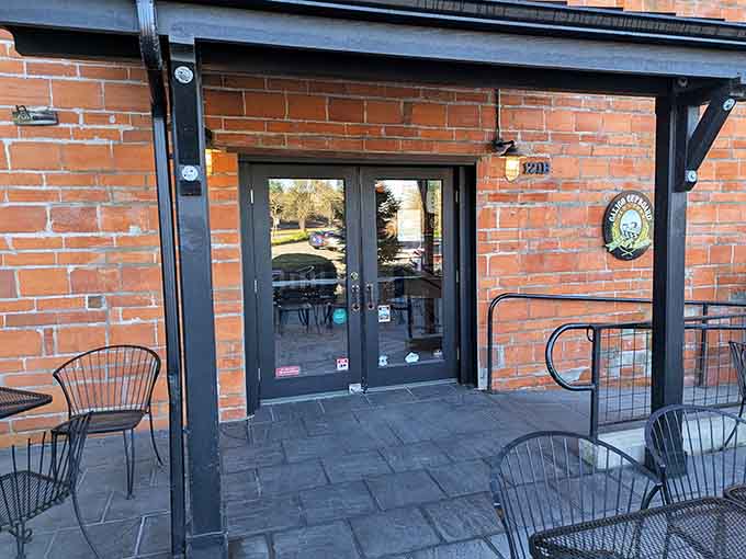 Brick buildings and outdoor seating create the perfect setting for coffee that doesn't require a mortgage.
