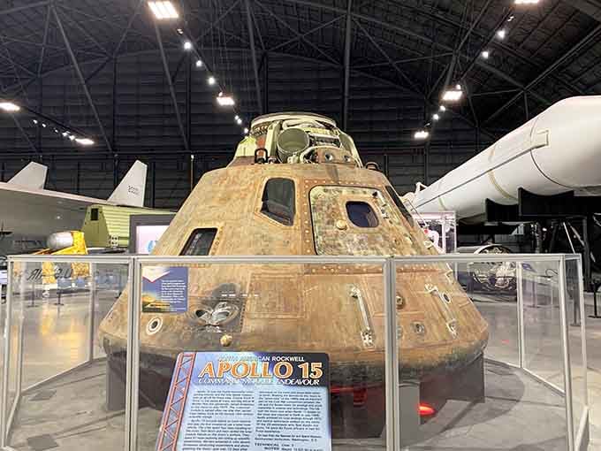 The Apollo 15 capsule's scorched exterior tells stories of space travel that no movie could capture.