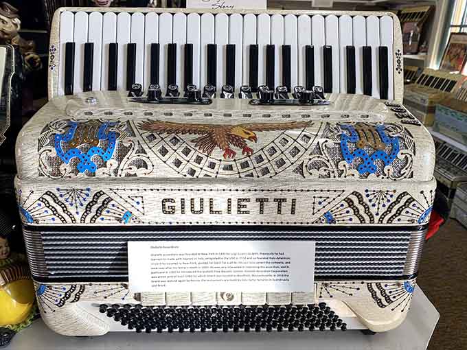 The Giulietti accordion gleams like a pearl-inlaid treasure, showcasing the kind of Old World artistry that's increasingly rare today.