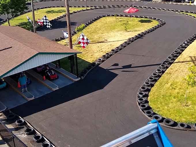 Racing around curves at thrilling speeds, or at least speeds that feel thrilling when you're this close.