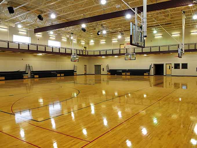 Gleaming hardwood courts ready for basketball, volleyball, or whatever game gets your competitive juices flowing today.
