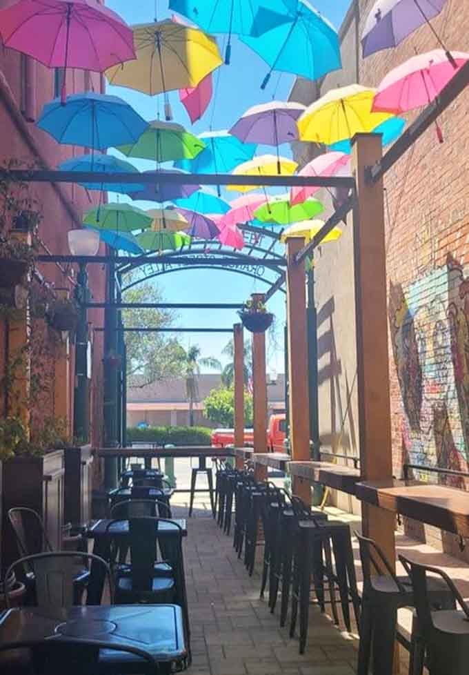 Sipping coffee under a canopy of floating umbrellas beats your average patio experience by a mile.