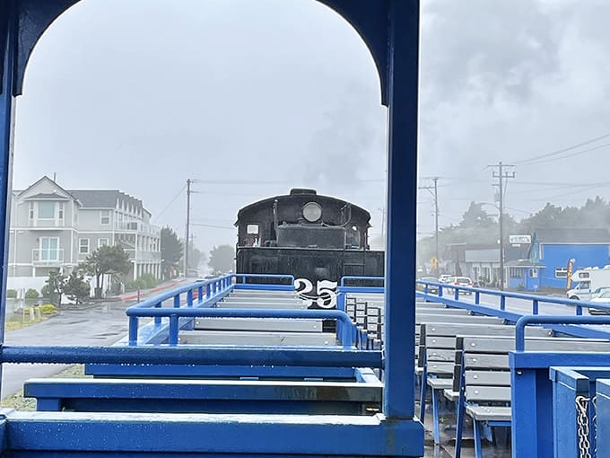Framed perfectly through the observation platform, the steam locomotive waits in the misty morning air like a scene from classic cinema.