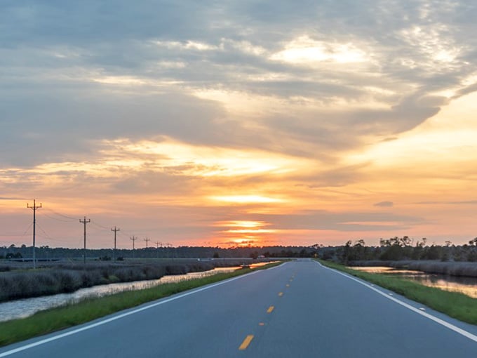 Sunset over the sound turns an ordinary drive into something that belongs on a postcard you'd actually send.