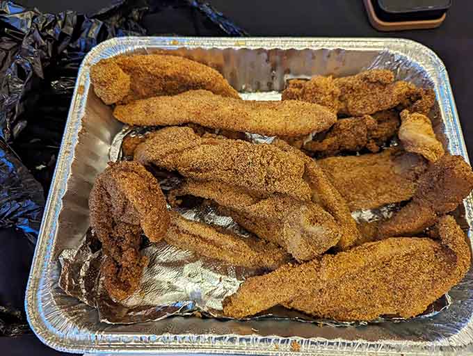 These fried catfish strips are crunchier than autumn leaves and infinitely more delicious than anything you'd find outside.