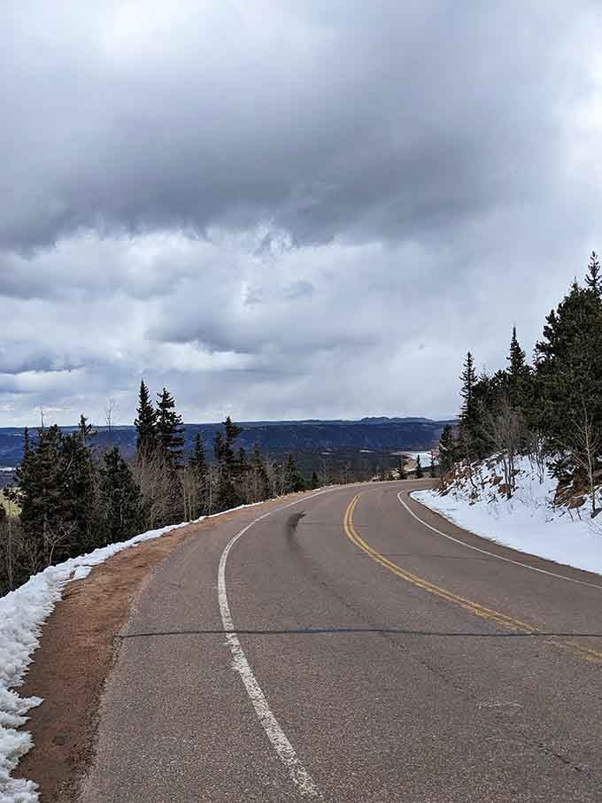 Snow lingers roadside even in warmer months, reminding you that altitude makes its own weather rules.