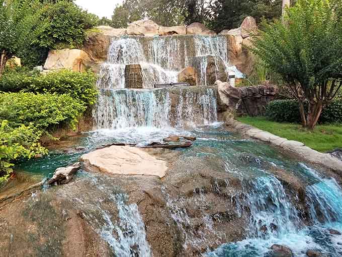 Cascading waterfalls create the perfect soundtrack while you're trying to concentrate on that tricky uphill putt ahead.