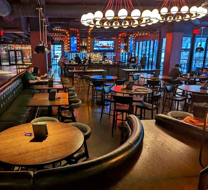 The dining area looks like where adults go when they finally outgrow Chuck E. Cheese but miss the fun.