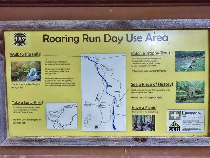 Trail information boards at Roaring Run help you plan your adventure without requiring a geology degree first.