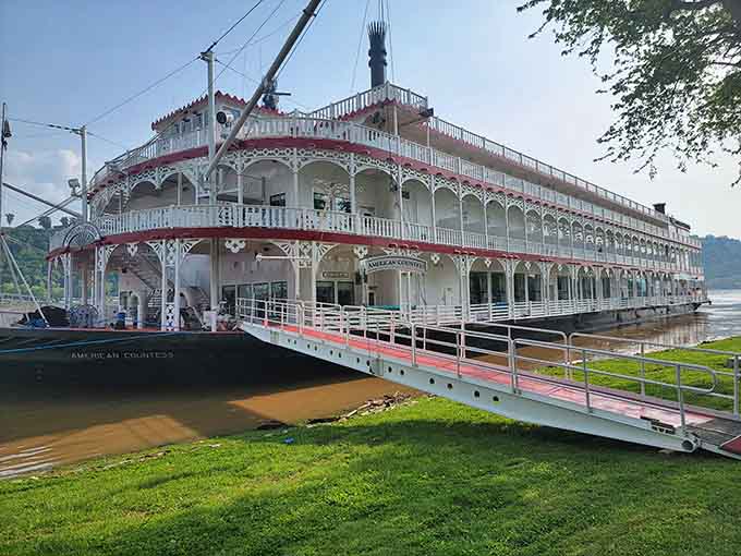 That grand paddlewheeler docked nearby represents river travel's elegant past while the jet boats zoom into its future.
