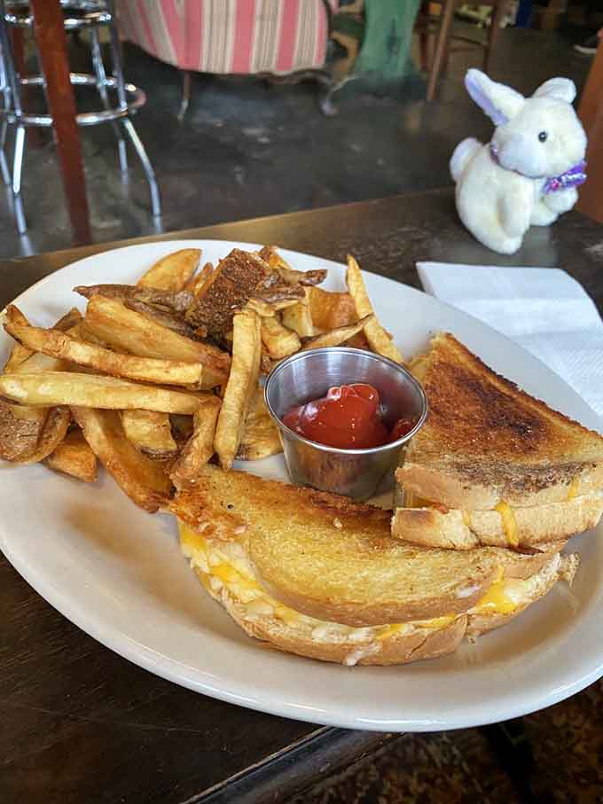 Grilled cheese and fries that would make your inner child weep with joy, stuffed animal companion optional but encouraged.
