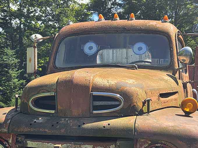 Even old trucks get personality here, with googly eyes that follow you around the property.